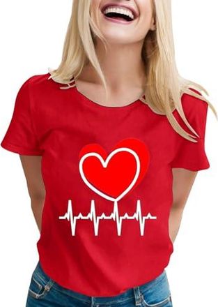 Generic T-shirt graphique &agrave; manches courtes pour la Saint-Valentin 2026 pour femme avec imprim&eacute; coeur, Rouge, XXL