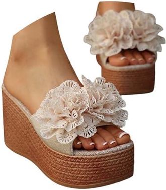 Generico Sandales d&eacute;t&eacute; &agrave; plateforme pointe, talon slip-on avec floral, chaussures de plage d&eacute;contract&eacute;es respirantes, beige, 37 EU Larga