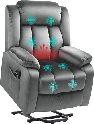 HOMCOM Fernsehsessel mit Aufstehhilfe Elektrisch Relaxsessel mit Liegefunktion, Vibrationsmassage, Heizfunktion, USB-Anschluss, TV-Sessel mit Taschenfederker