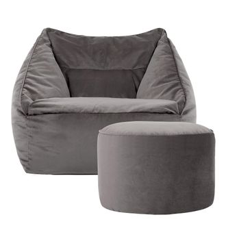 Icon Brand Natalia Sitzsack Sessel mit Sitzpuff f&uuml;r Erwachsene, Dunkelgrau, Flauschiger Samtstoff, Riesen Sitzsack Samt mit F&uuml;llung, Bean Bag Chair, Bequemer Ses
