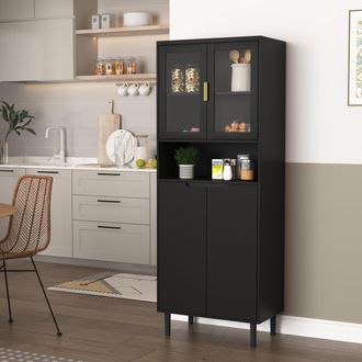 Generic LZPUOUI B&uuml;cherregal Kommode Schwarz Hochschrank mit Glast&uuml;ren verstellbaren Platten 4 T&uuml;ren Kippschutz Vitrine in lackiertem MDF geh&auml;rtetem Glas Aufbe