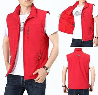 ORANDESIGNE Gilet Dextérieur pour Homme Été Multipoche Léger Respirant sans Manches Veste Gilet de Photographie A Rouge 3XL