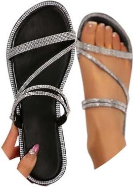 Minetom Sandales Plates pour Femmes Strass Ceinture Croisé DÉté Bout Ouvert Pantoufles Léger Chaussures De Vacances Plage B Noir 37 EU
