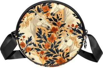 Generic Petit sac &agrave; bandouli&egrave;re circulaire pour femme, motif feuilles florales, sac &agrave; dos avec fermeture &eacute;clair, bretelles r&eacute;glables, sac &agrave; main rond d&eacute;contra