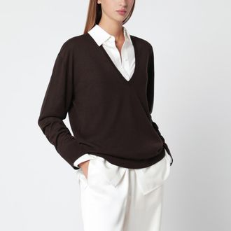 Toteme Brauner V-Ausschnitt-Pullover aus Lyocell und Kaschmir