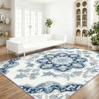 Generic Tapis 160 x 230 cm Motifs Classiques Traditionnels Doux Moelleux Robuste Facile &agrave; Nettoyer Moderne pour Chambre Couloir, Bleu Gris