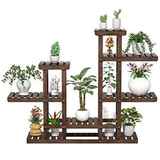 Yaheetech Etagère à Fleurs Support Porte Pot de Plantes en Bois 8 Tablettes 6 Niveaux Présentoire Polyvalent Balcon/Maison/Bureau/Terrasse Marron Rustique 120,5