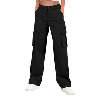 Generic Pantalon cargo &agrave; jambe large avec taille haute et dos &eacute;lastique - Pantalon de combat extensible et d&eacute;contract&eacute; avec plusieurs poches - Pantalon d&eacute;cont