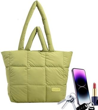 Generic Puffy Tote Bag | Sac matelass&eacute; avec design dhiver rembourr&eacute; doux | Sac rembourr&eacute; tendance | Sac rembourr&eacute; en duvet doux et l&eacute;ger pour femme, vert, voi
