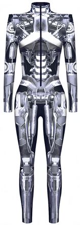 Ocean Plus Damen Halloween Skelett Digitaldruck Overall Schmal Geschnittene Langärmlige Einteilige Strumpfhose Jumpsuit (XL, Silbere Mechanik)