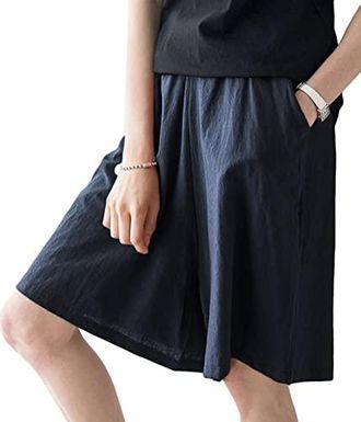 ORANDESIGNE Bermudas pour Femme Mode Short Taille élastique Short en Coton et Lin Pantalon Court Couleur Unie Oversize Casual Home Shorts Pantalon Droit Pantalon 