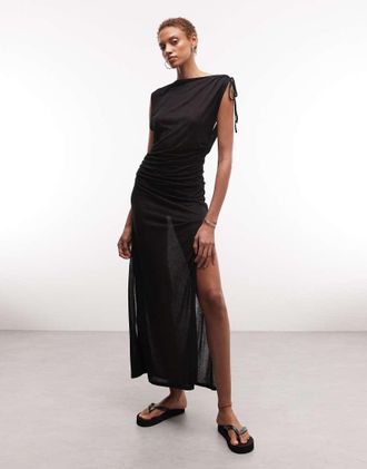 Weekday Transparentes Maxikleid in Schwarz mit U-Boot-Ausschnitt und seitlicher Raffung