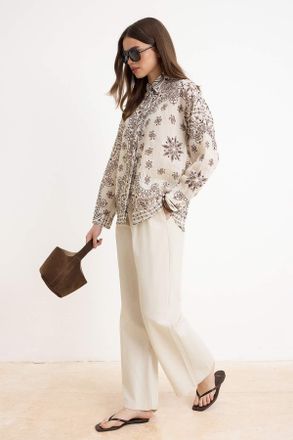 Trendyol Modest Damen Ecru Ethno-Muster Lang Oversize Modest Hemden