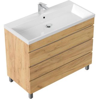 Magnolia Home Stand Badm&ouml;bel Via 100 SoftClose eiche gold mit drei grifflosen Schubladen