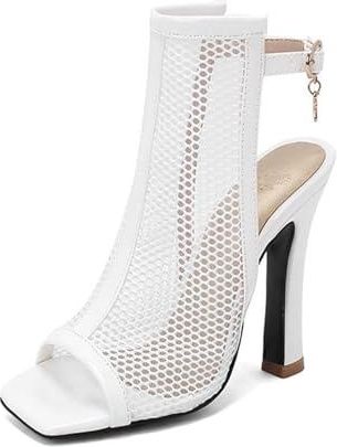 Generic Bottines &agrave; Bout Ouvert en Maille pour Femmes, Sandales Hautes Boucle et Bride, Bout carr&eacute;, Chaussures Creuses pour f&ecirc;te et Mariage, 11 cm,Blanc,43 EU