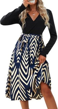 Cupshe Robe midi trapèze à manches longues et col en V pour femme - Imprimé léopard, Bleu roi Geo, Taille XL