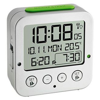 TFA Dostmann réveil Digital Bingo, 60.2528.54, avec Horloge Radio-pilotée, 2 alarmes programmables, température intérieure, argenté