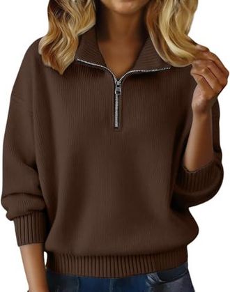 Generic Pull confortable en cachemire pour femme avec fermeture &eacute;clair quart de longueur, col montant, manches longues, coupe ample, pull Casaul hiver 2026 po