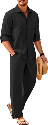 Coofandy 2-teiliges Leinen-Set f&uuml;r Herren, l&auml;ssiges lang&auml;rmeliges kubanisches Hemd mit Knopfleiste und lockerer Hose, Strandurlaub-Outfits, Schwarz, 4X-Large