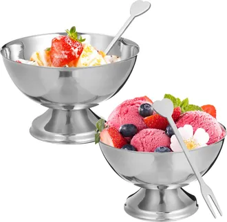DOITOOL Eisschalen 2-Teiliges Eisbecher-Set Edelstahl Dessertbecher Mit Fuß Für Dessert Eisbecher Salat Snack Gewürz (10 x 10 cm) Servierschüssel