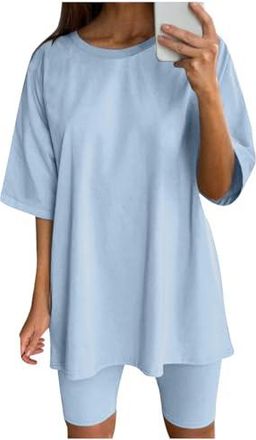 Generic Ensemble 2 pi&egrave;ces pour femme 2026 d&eacute;t&eacute; 2026 - Ensemble de salon assorti - T-shirt surdimensionn&eacute; - Tenue courte de motard, bleu clair, XXL