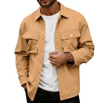 Generic Veste boutonn&eacute;e pour homme Shacket avec poche &agrave; rabat - Veste cargo l&eacute;g&egrave;re - Veste de travail dext&eacute;rieur - Manches longues - Veste de transition - Ves