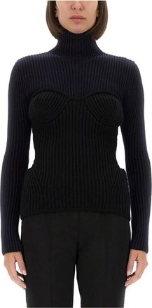 Jean Paul Gaultier Femme, Pulls, Bleu, Taille: 40 FR Pull Col Montant C&ocirc;tel&eacute;