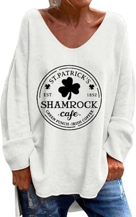 Generic T-shirt surdimensionn&eacute; pour femme - Col en V - Manches longues - Motif tr&egrave;fle - Coupe ample - Pour la Saint-Patrick - Pour les vacances, blanc, S