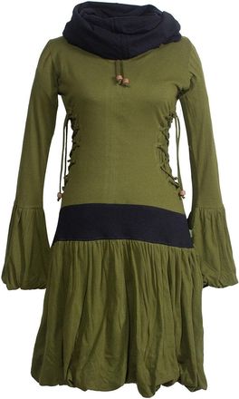 vishes Alternative Bekleidung - Langarm Damen Elfenkleid mit seitlicher Schn&uuml;rung Schalkragen Kapuze Olive 40-42