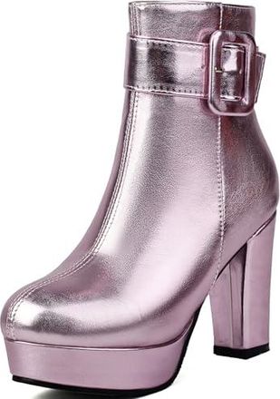 SJJH Bottes de cheville avec fermeture &eacute;clair lat&eacute;rale | Bottes pour femme pour occasions sp&eacute;ciales, talon de 9,5 cm, mat&eacute;riau brillant, polyvalent, Rose, 
