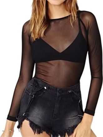 ORANDESIGNE T-Shirt à Manches Courtes en Maille pour Femmes Mesh Crop Top Y2k Sexy Transparent Haut en Résille Perspectif Slim Fit Fête Blouse Clubwear Y Noir XL