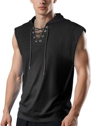 Generic DENGJIAMY Sweat &agrave; capuche sans manches pour homme uni &agrave; lacets et col en V T-shirt athl&eacute;tique d&eacute;t&eacute; tendance chemises d&eacute;contract&eacute;es pour homme, Noir, 3