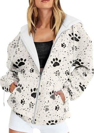 Generic 2026 Vestes &agrave; capuche &agrave; fermeture &eacute;clair pour femme - Coupe ample d&eacute;contract&eacute;e - Avec imprim&eacute; graphique - Veste polaire pour lext&eacute;rieur - Tendance - C