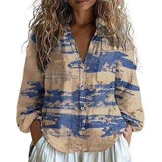 Generico Chemise Femme d&Eacute;t&eacute; D&eacute;contract&eacute;e Manches Longues Chemisier en Lin Coton Curvy Grande Taille Chemises Col en V Classique Blouse Vintage Fantaisie avec B