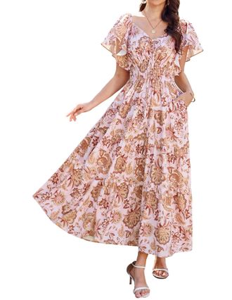 Grace Karin Damen Casual Blumenkleid Kurzarm V-Ausschnitt Maxikleid Boho Kleid Festlich Kleid Hochzeitsgast Weiß Gelbe Blumen M