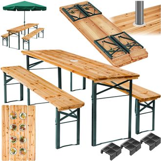 TecTake Bierzeltgarnitur mit Tisch und 2X Bierbank, mit Schirmhalterung und 12 Bodenschoner Bierzeltgarnitur, Balkon Möbel mit 1x Klapptisch und 2X Bierbänke,