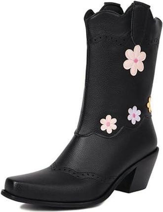 Generic Bottines western cowgirl pour femme avec motif floral brod&eacute; &agrave; bout carr&eacute; et talon bloc bas, Noir, 39.5 EU