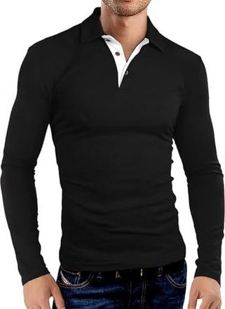 Generic Polo à manches longues pour homme, coupe classique, manches raglan, couleur unie, revers boutonné, coupe ajustée, haut de golf décontracté pour homme,