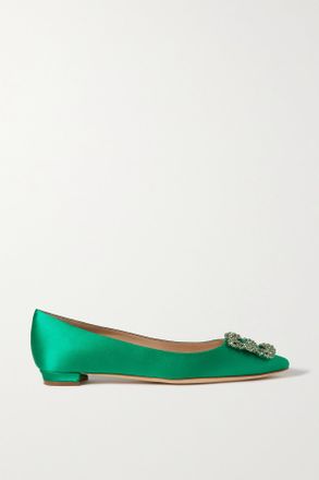 Manolo Blahnik Chaussures Plates À Bouts Pointus En Satin À Ornements Hangisi - Vert