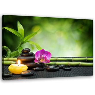 Feeby Vlies Leinwandbild Bambus Spa Steine Zen 90x60 cm Druckbild Wandbild Wanddekoration Deko Wand Aesthetic Kerzen Welness Orchidee Orientalisch Gr&uuml;n