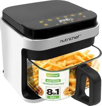 Nutrichef NutriChef Heißluftfritteuse 5,5 L Weiß - Elektrische 8-in-1 Airfryer mit Glasbehälter & LED-Touchdisplay - Ölfreies Frittieren - 360° Heißluftzirkulat
