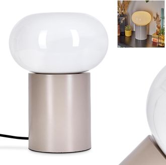 HOFSTEIN Tischleuchte Godrie, moderne Nachttischlampe aus Metall/Glas in Taupe/Weiß, runde Tischlampe im Retro-/Vintage Design, Ø 20 cm, Höhe 27 cm, mit An-/Au