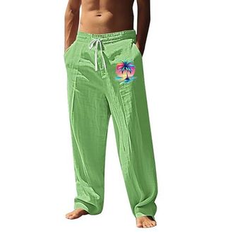 Generic Pantalon en coton et lin pour homme, d&eacute;contract&eacute;, tendance, ample, imprim&eacute; noix de coco 3D, pantalon l&eacute;ger, Vert, 3XL