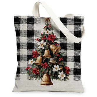 Generic Sacs fourre-tout en toile de No&euml;l, motif arbre de vacances festif, sacs de courses r&eacute;utilisables, &agrave; carreaux rustiques, l&eacute;gers et lavables, toile pour