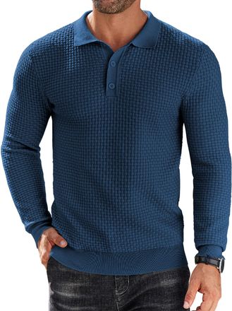 Coofandy Langarm Poloshirt M&auml;nner Langarm Pullover Herren Sommer D&uuml;nn Winter Strickpullover Basic Pulli mit Kragen Dunkelblau XL