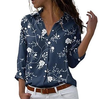 Generic Haut tendance &agrave; manches longues pour femme, chemise &agrave; revers simple boutonnage, chemises surdimensionn&eacute;es, bleu, XXL