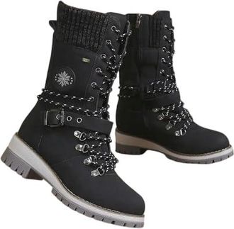 Generic JJDFW Bottes pelucheuses de couleur unie avec semelle souple &agrave; talon &eacute;pais et doublure en polaire antid&eacute;rapante pour lhiver, Noir, 37 1/3 EU