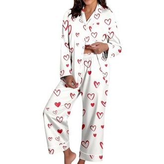 Generic Ensemble de pyjama en satin &agrave; manches longues pour femme - Imprim&eacute; mignon - V&ecirc;tement de nuit l&eacute;ger pour le printemps - V&ecirc;tements de nuit boutonn&eacute;s - V