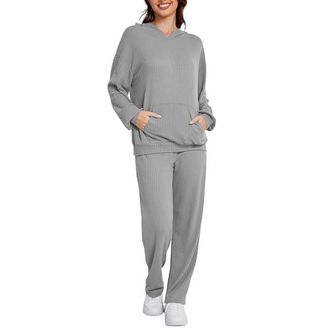 Generic Ensemble de pyjama pour femme, couleur unie, col rond, v&ecirc;tements de nuit longs et pantalon taille &eacute;lastique, ample, confortable, v&ecirc;tements de nuit &agrave; l