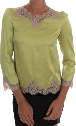 Dolce & Gabbana Limonengr&uuml;ne Seidenbluse mit Spitzenbesatz